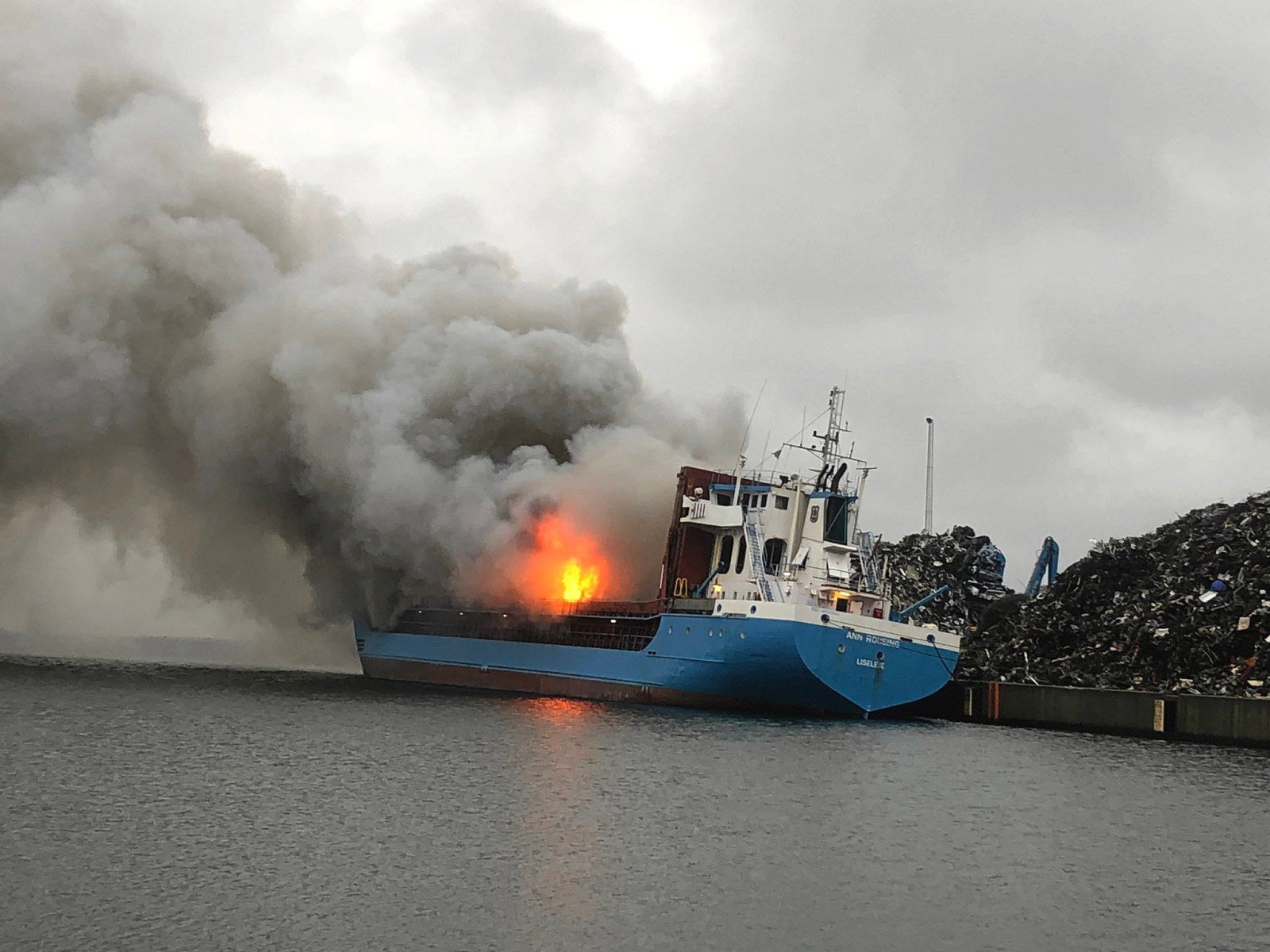 Veteran vessel hit by serious fire in Denmark as cargo burns